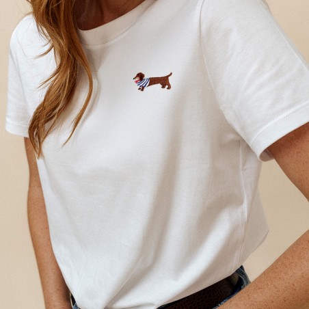 T-shirt femme brodé Teckel marinière